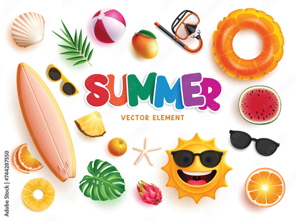 Summer elements beach vector set design. Summer elements surfboard ...