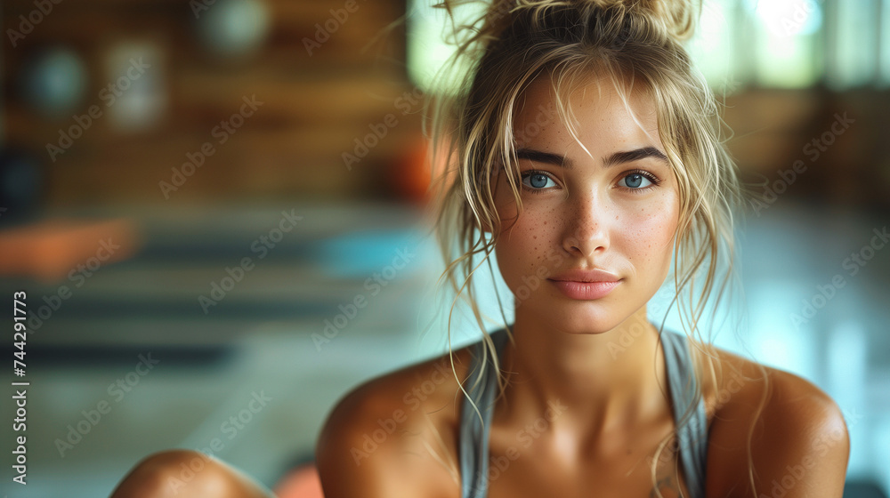 Shot of a fitness woman sitting on an exercise mat and looking at her ...