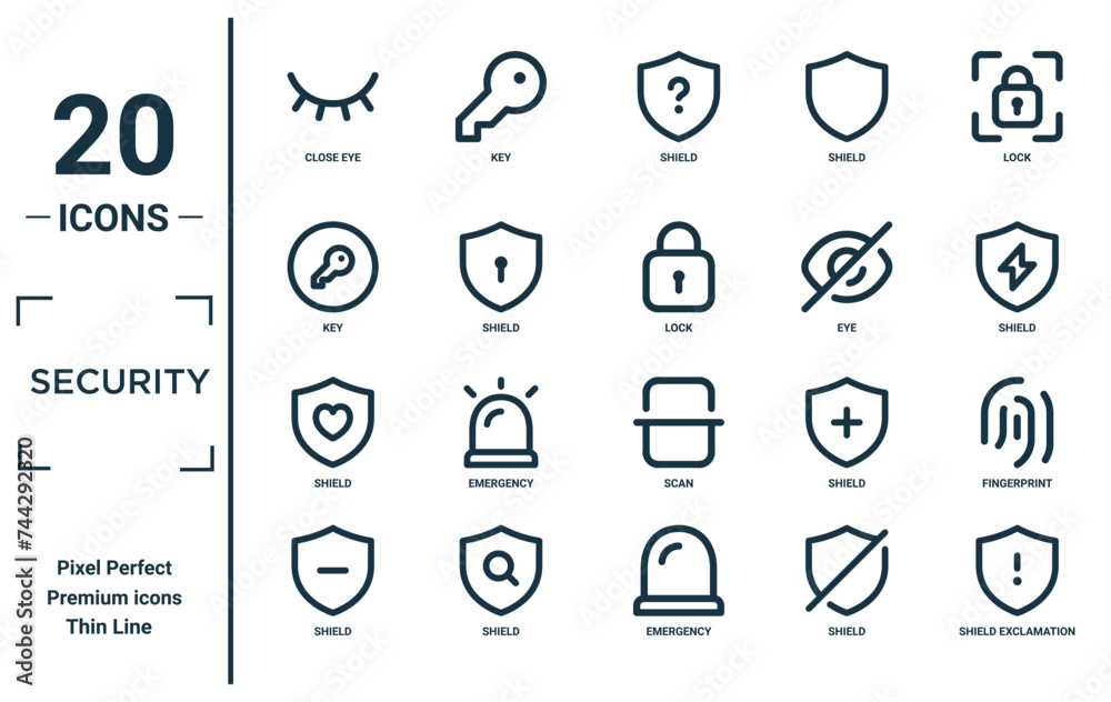 security linear icon set. includes thin line close eye, key, shield ...