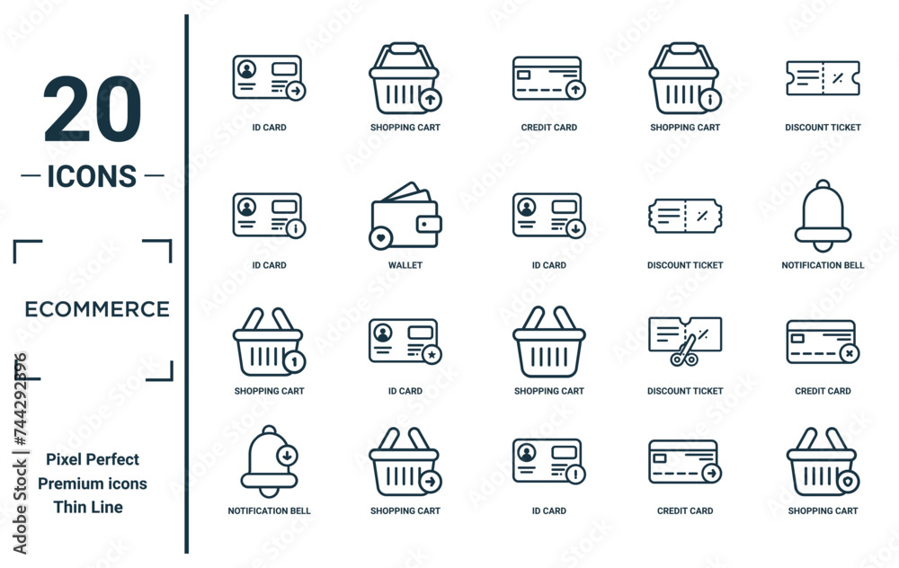 Vecteur Stock ecommerce linear icon set. includes thin line id card, id ... Vecteur Stock ecommerce linear icon set. includes thin line id card, id ...