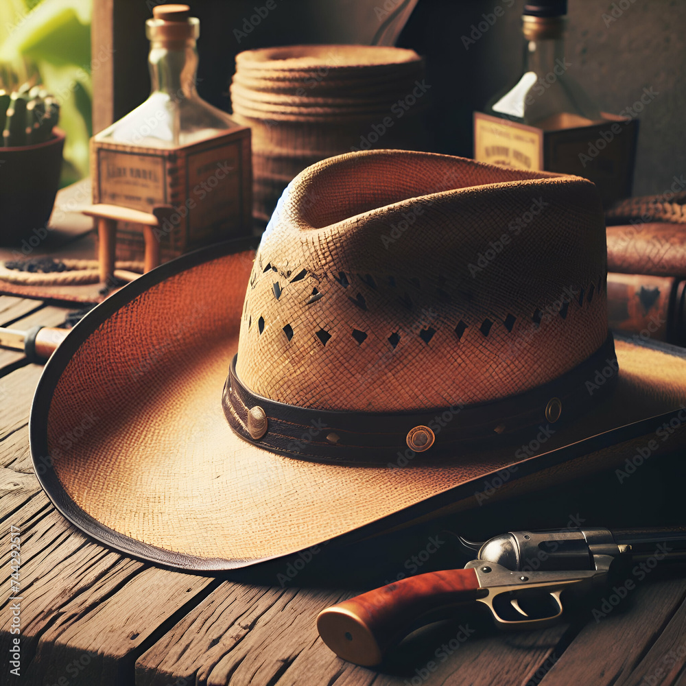 Fashionable Big Old Western Ranch Style Brown Leather, Straw Cowboy Hat ...