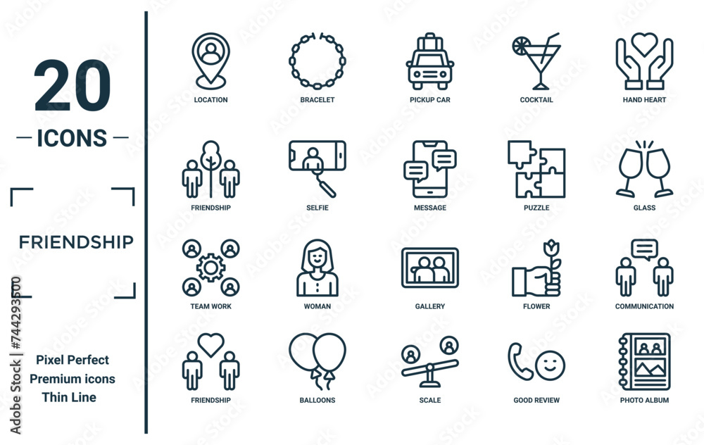 friendship linear icon set. includes thin line location, friendship, team work, friendship ...