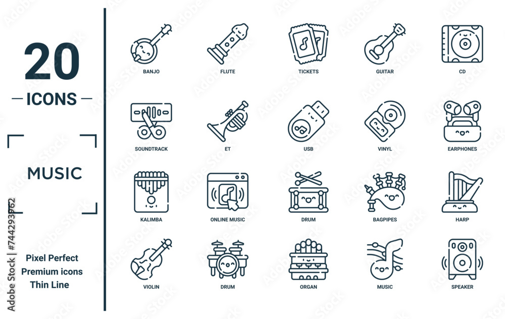 music linear icon set. includes thin line banjo, soundtrack, kalimba ...