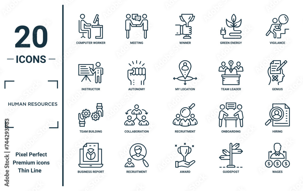 human resources linear icon set. includes thin line computer worker ...