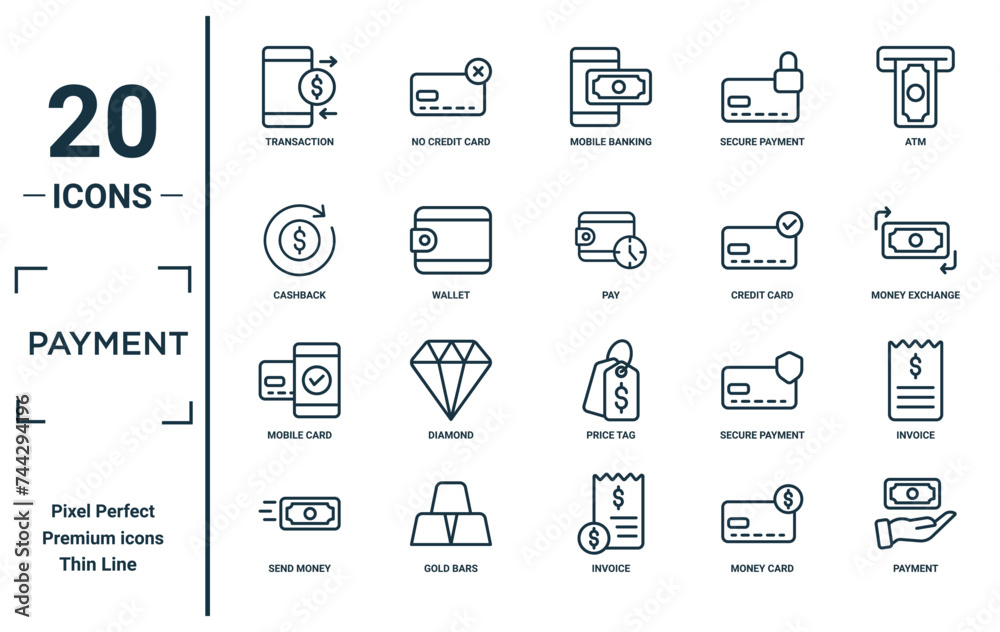 payment linear icon set. includes thin line transaction, cashback, mobile card, send money ...