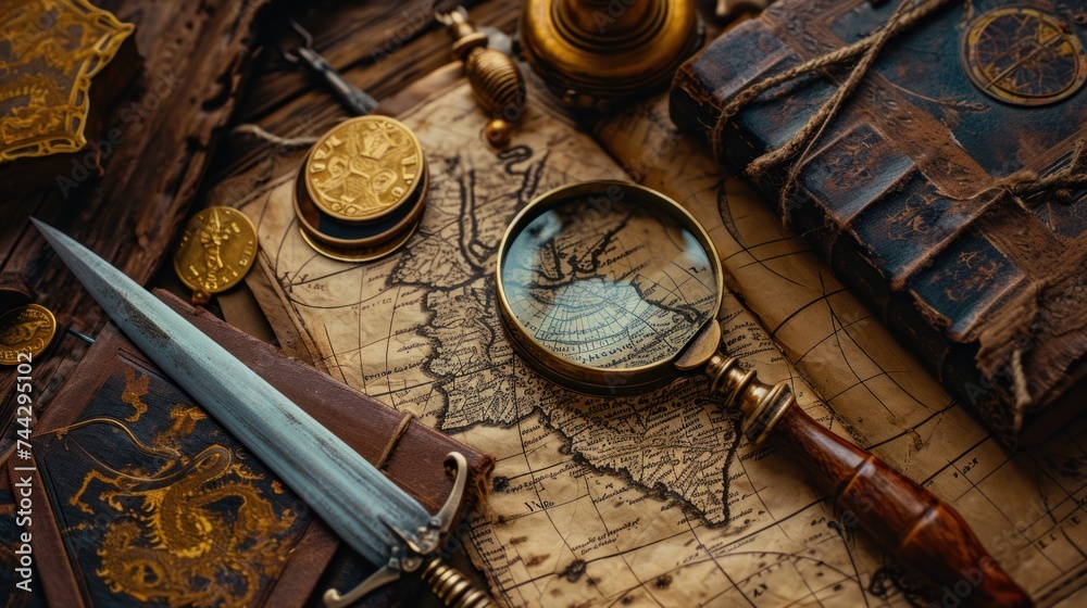 Medieval theme background with dagger, vintage map on table. Stock ...