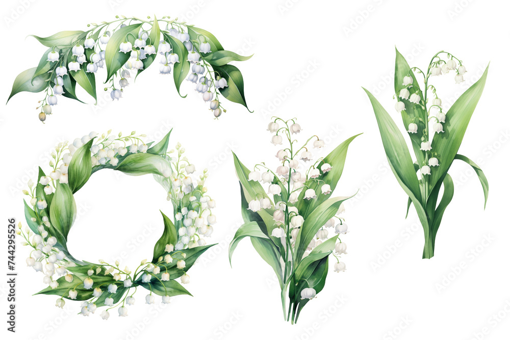 Watercolor Flowers, Lily of the Valley, May Birth Flowers, Wreath, Garland, PNG, Transparent ...