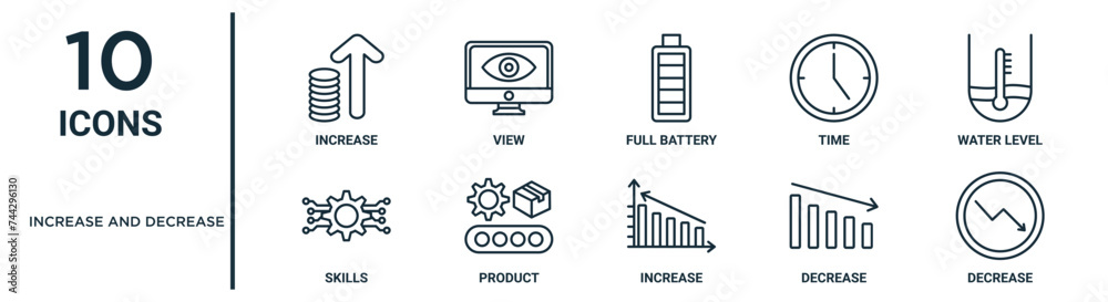 increase and decrease outline icon set includes thin line increase, full battery, water level ...