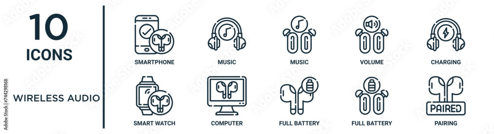 Vetor de wireless audio outline icon set includes thin line smartphone ...