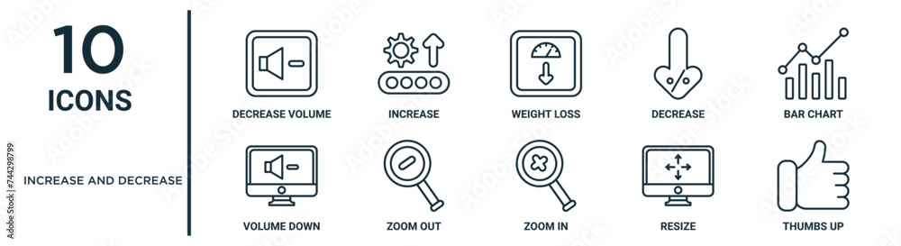 increase and decrease outline icon set includes thin line decrease volume, weight loss, bar ...