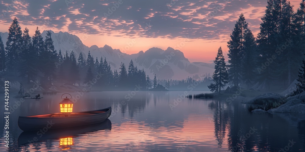 Tranquil lake scene with a canoe and lantern reflecting the serenity of ...
