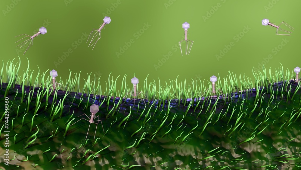 3d rendering of bacteriophages that infect and destroy bacteria. Phages ...