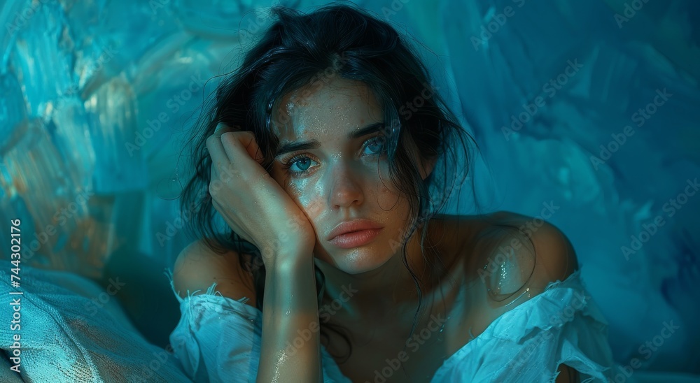 A submerged woman, her face contorted in emotion, emerges from the ...