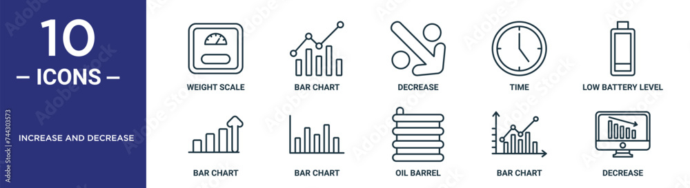 Vetor de increase and decrease outline icon set includes thin line weight scale, bar chart ...