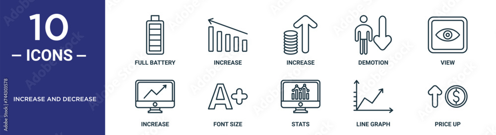 increase and decrease outline icon set includes thin line full battery, increase, increase ...