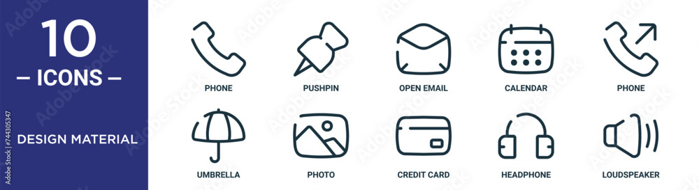 design material outline icon set includes thin line phone, pushpin ...