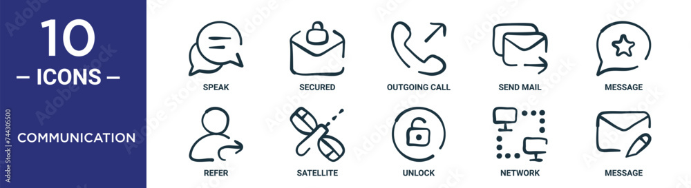 communication outline icon set includes thin line speak, secured ...