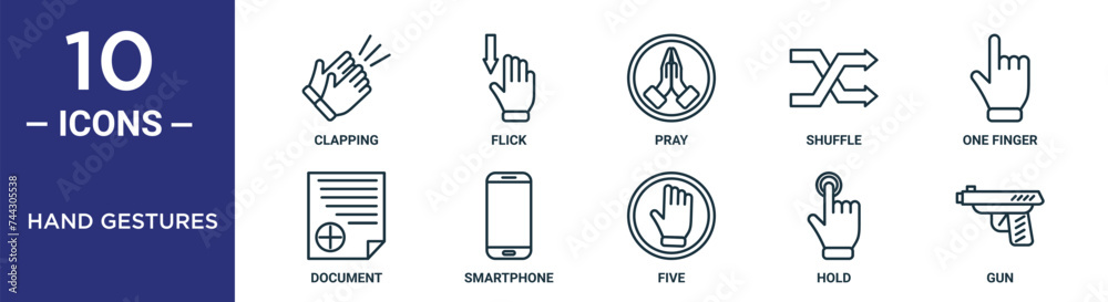 hand gestures outline icon set includes thin line clapping, flick, pray, shuffle, one finger ...