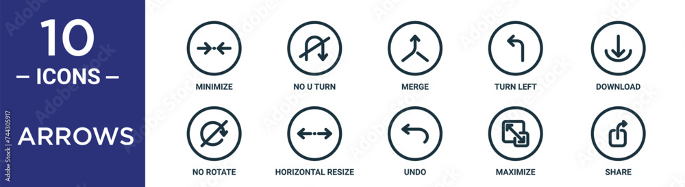 arrows outline icon set includes thin line minimize, no u turn, merge ...