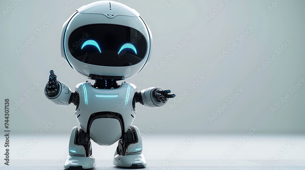 Small humanoid robot with expressive blue digital eyes on a neutral ...