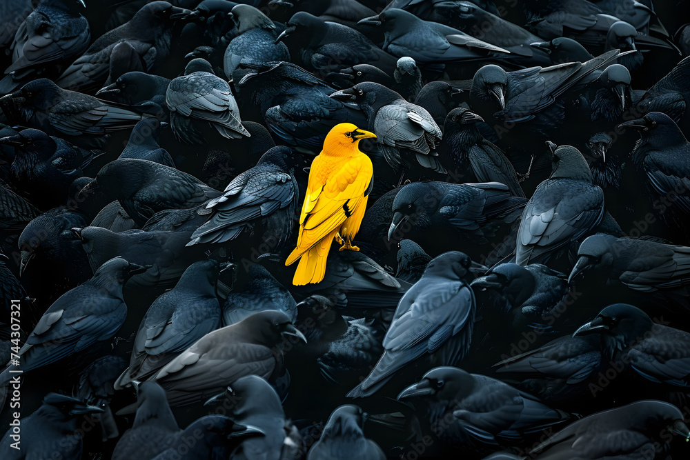 Stand out form the crowd concept with yellow crow in large group of ...