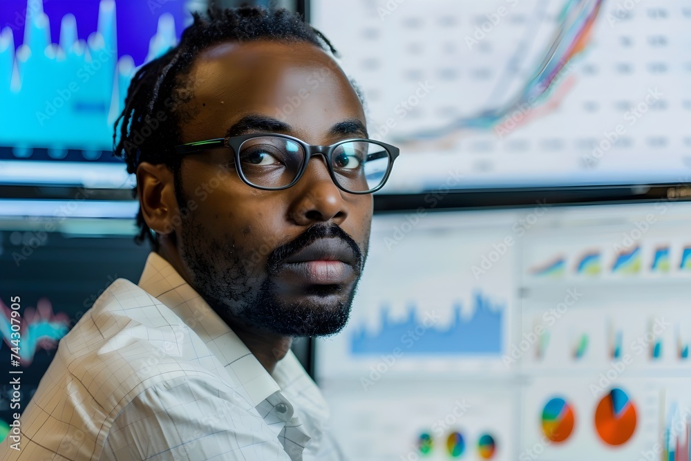 Young Black Man at Work Analyzing Data on Multiple Monitors Stock Photo ...