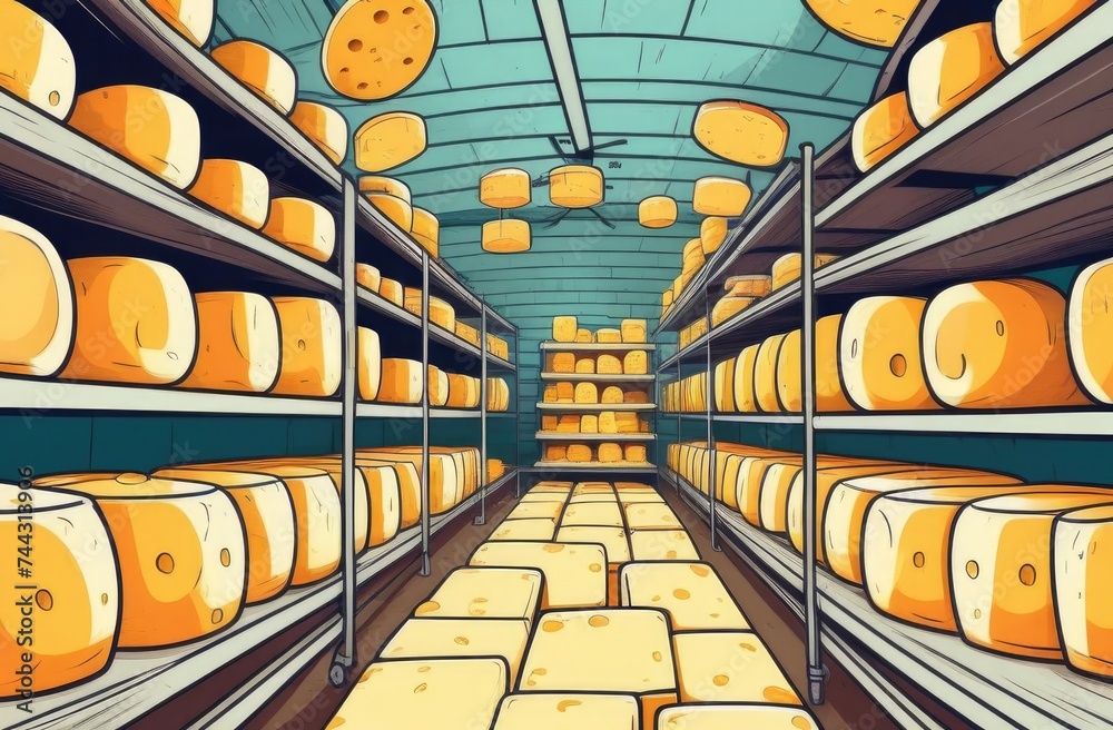 large cheese wheels in a dry room on a farm, cheese factory shelves ...