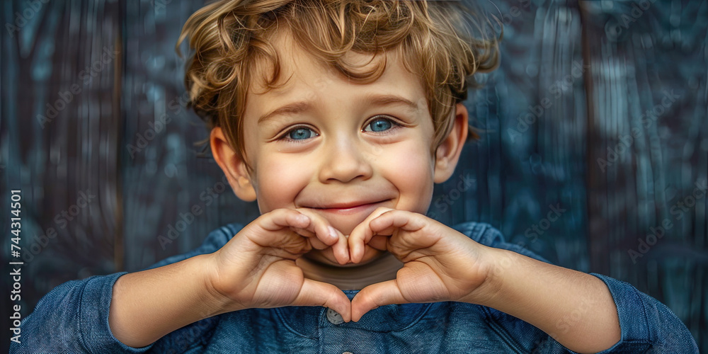 Portrait of a young boy making a heart shape with his hands outdoors ...