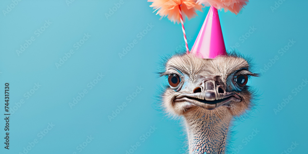 Ostrich head with blue background and birthday party hat Creative ...