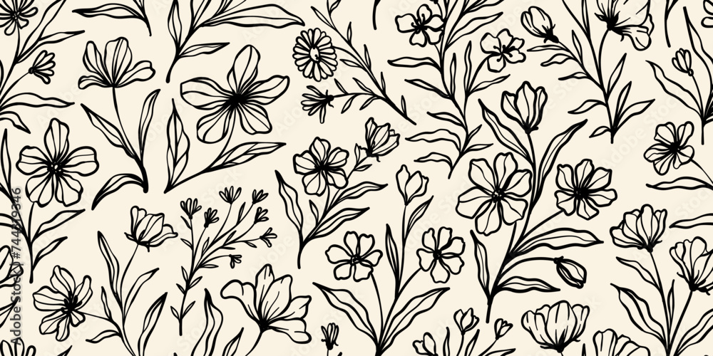 Leaves branch and Hand Drawn doodle Scribble floral plants banner ...