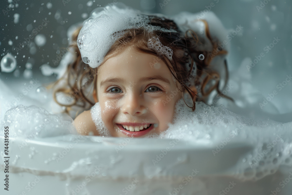 Happy little girls bath in a bathtub white foam on her face with fun ...