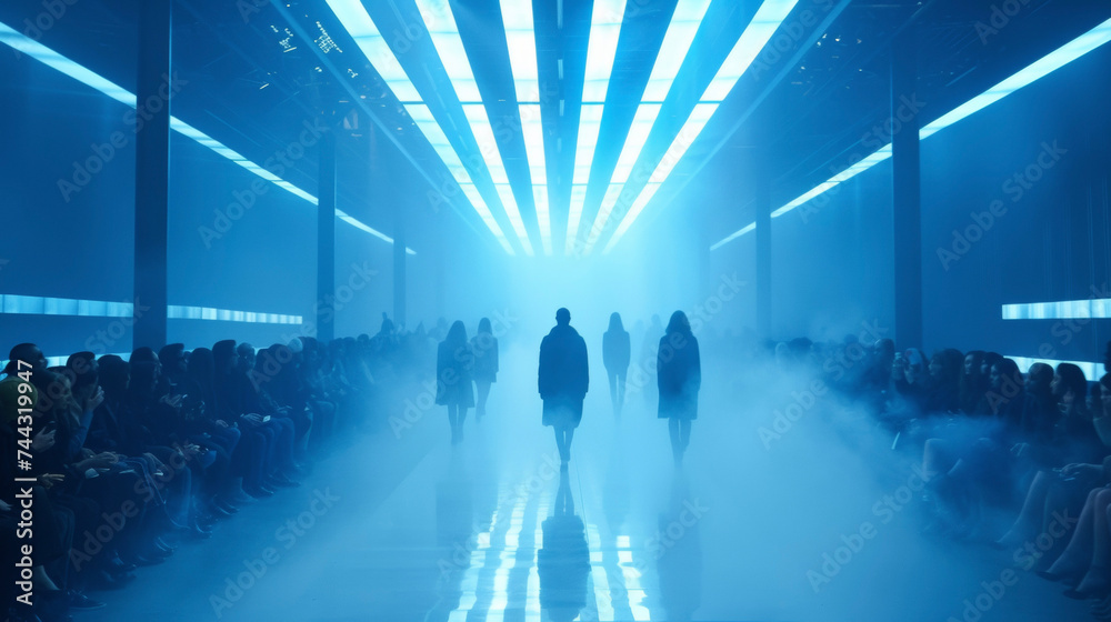 Background The models walk down a runway surrounded by fog and blue ...