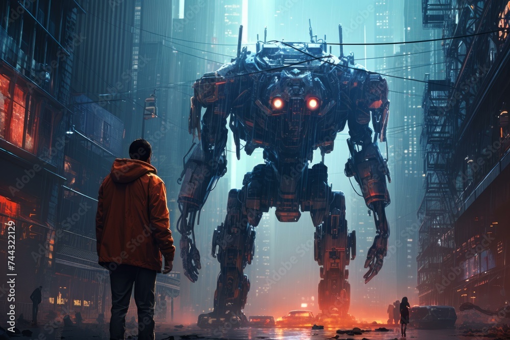 Giant city cyberpunk robot. Neon digital. Generate Ai Stock ...