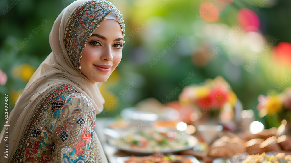 Ramadan Kareem. An elegantly dressed Muslim woman with a hijab sits ...