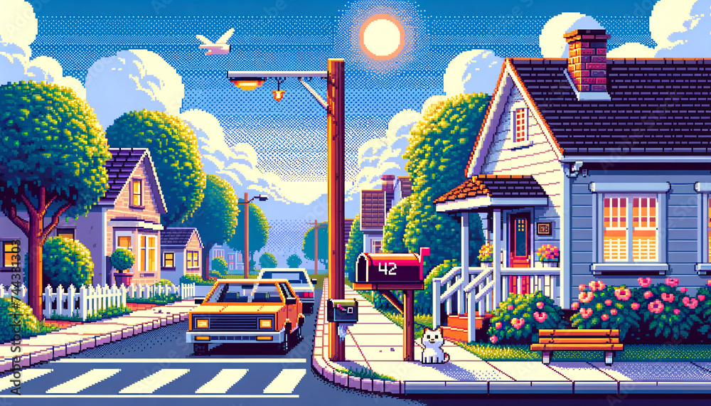 Pixelated streetscape with charming mailbox and bustling digital ...