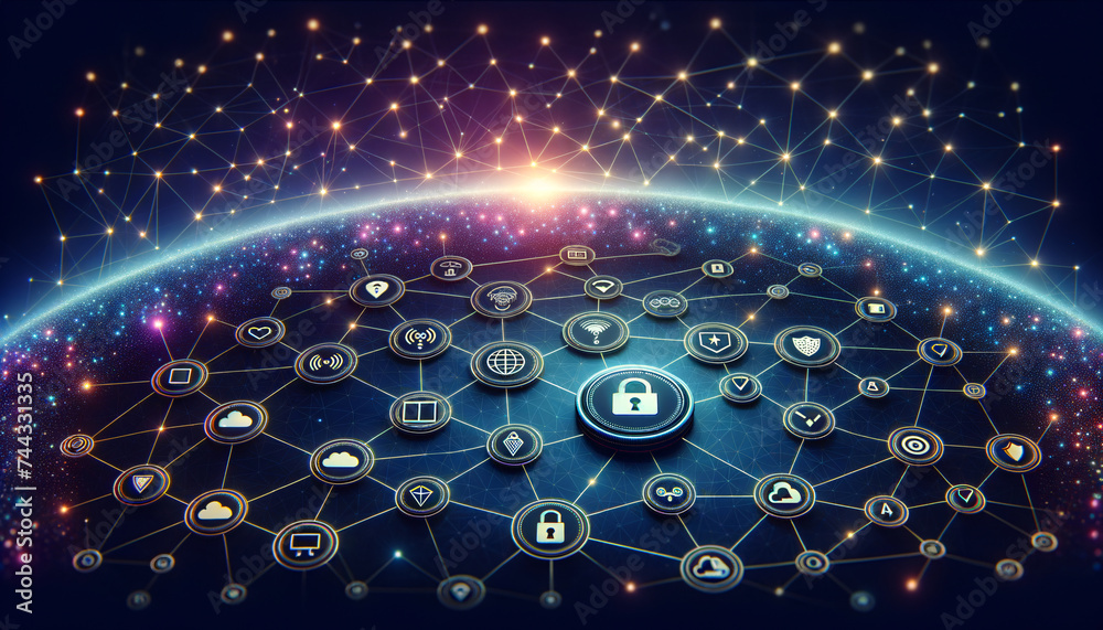 Minimalist IoT Security: Digital Nodes and Symbols on Dark Blue ...