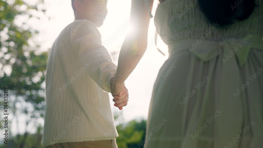 Back rear view young lover asia people happy smile trust hold hand ...
