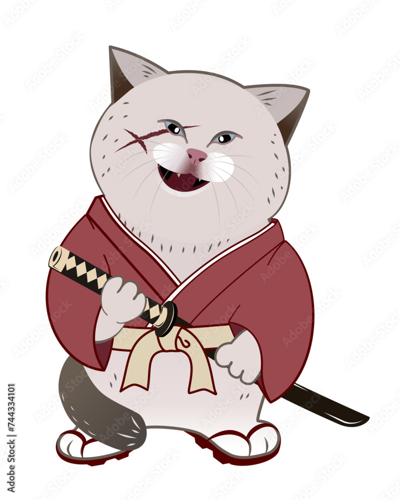 funny illustration of cat as a samurai, with scar, smirk face, holding ...