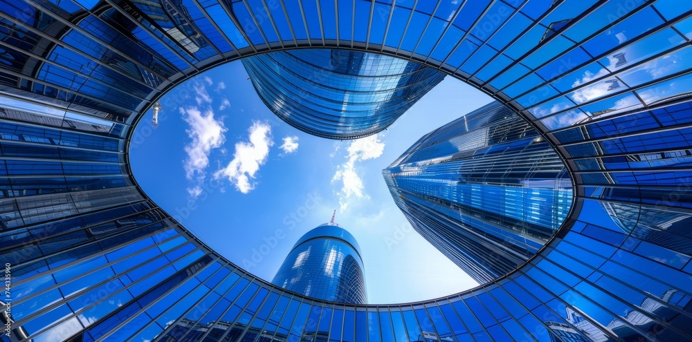 blue glass buildings at city center, in the style of optical op art ...