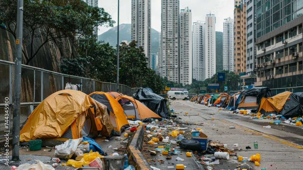 Homeless tent camp and garbage along the road in a modern city Stock ...