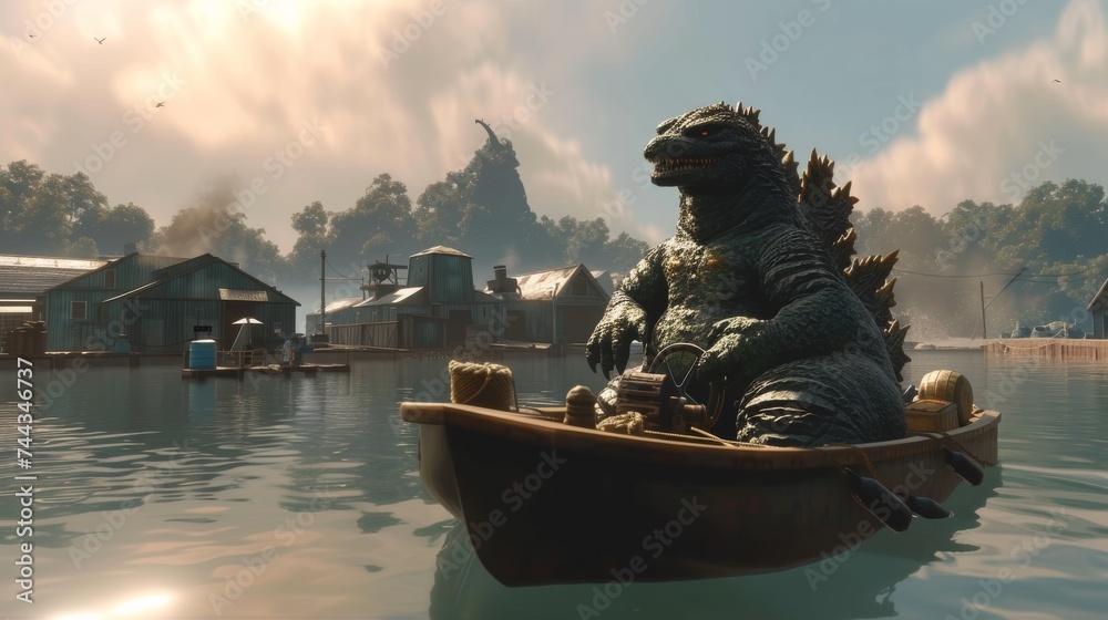 A 3D animated image of Godzilla casually driving a small fishing boat ...