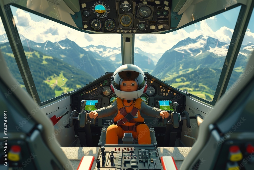 A 3D rendering of a baby captain in a cockpit of a small plane ...