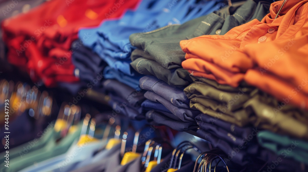 Rows of neatly folded uniforms and dress code approved clothing ready ...