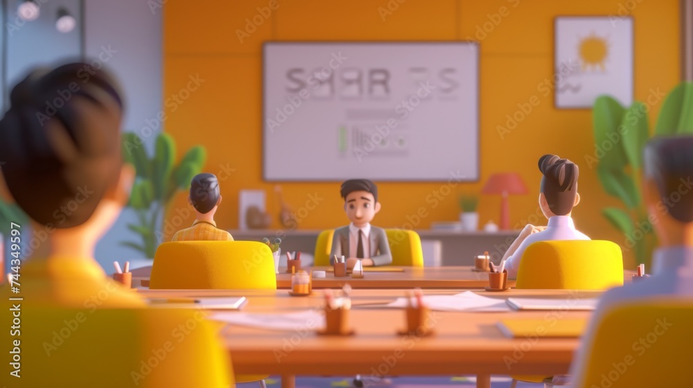 A 3D animated image of an HR meeting room, where a professional is ...