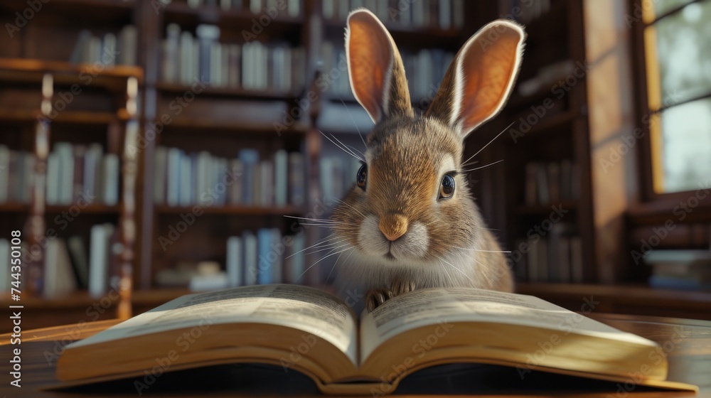 A 3D rendered image of a realistic rabbit in a scholarly setting, like ...