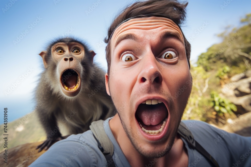 Scared man selfie with monkey. Modern stream. Fictional person ...