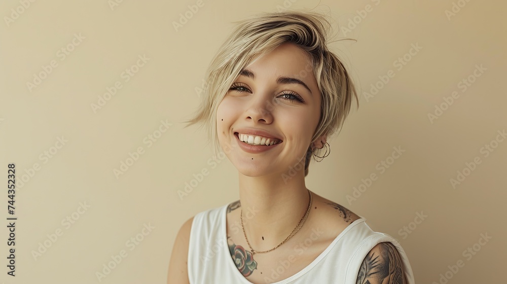 Young happy blond pretty smiling girl beauty female gen z model with ...