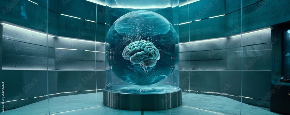Brain in fluid filled reservoir connected to the internet in a ...