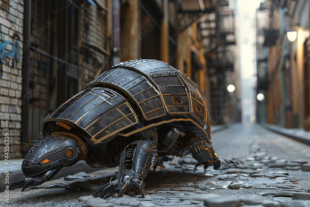 3d render of a mechanical armadillo with armored plating rolling down an urban alley ilustración ...