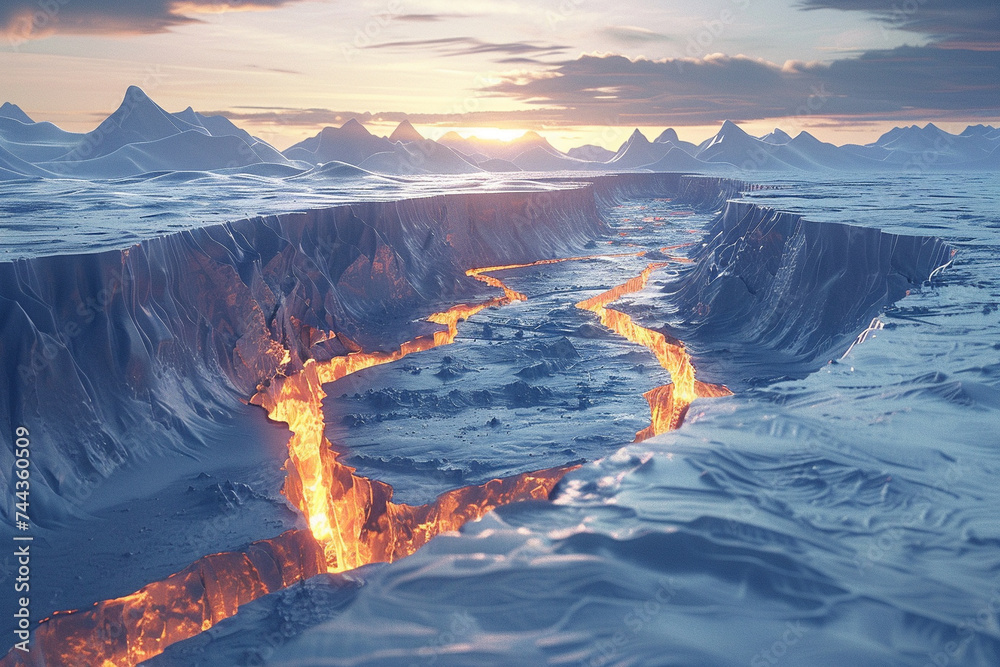 3d render of a surreal glowing fissure in an arctic ice field leading ...